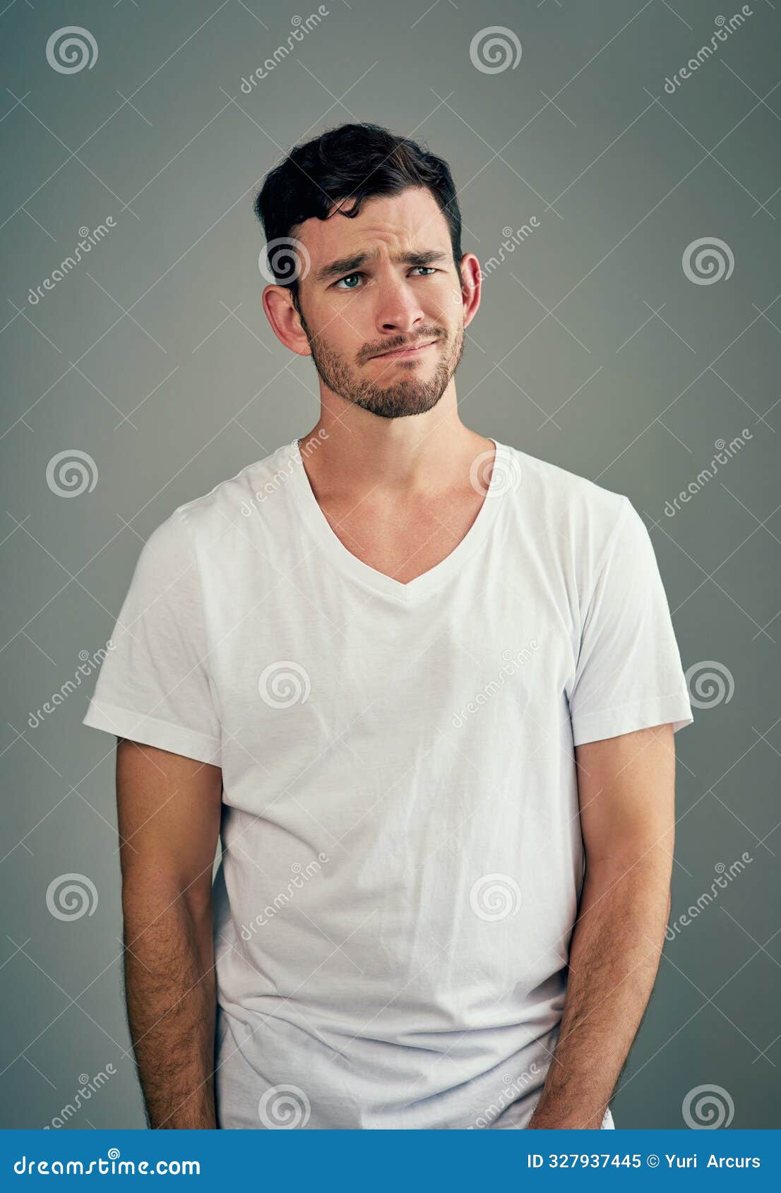 Man, Thinking and Confused in Studio with Tshirt or Memory and ...
