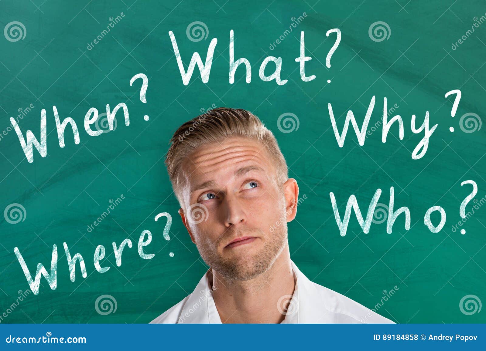 Man Thinking about Five Ws Questions Stock Photo - Image of ...