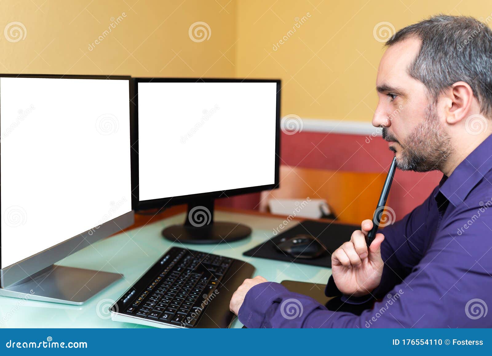 Man Thinking on Front of Computer. Man Teleworking Stock Photo - Image ...