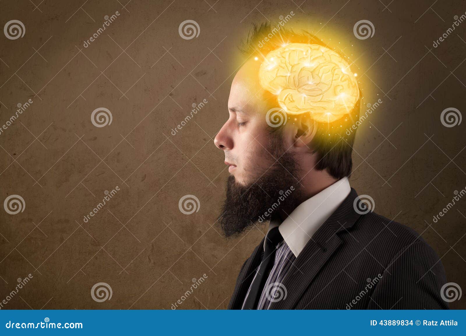 Man Thinking with Glowing Brain Illustration Stock Photo - Image of ...