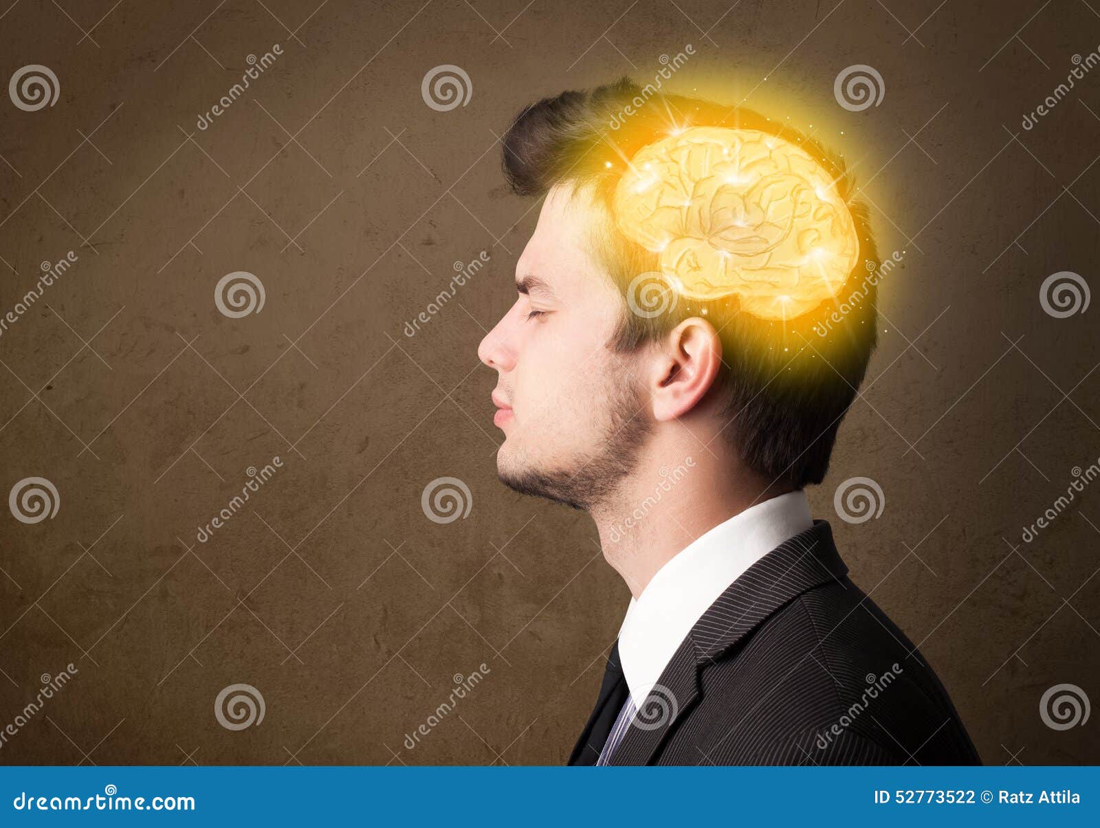 Man Thinking with Glowing Brain Illustration Stock Photo - Image of ...