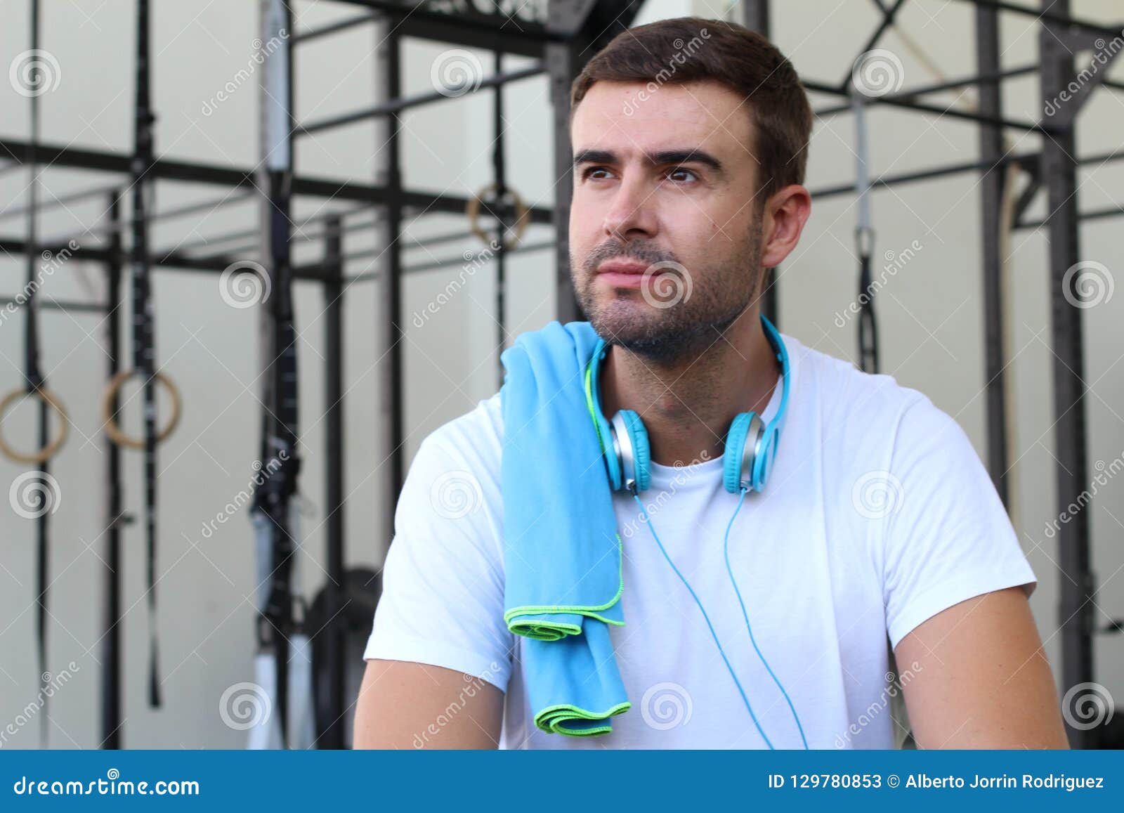 Man thinking at the gym stock image. Image of brazilian - 129780853