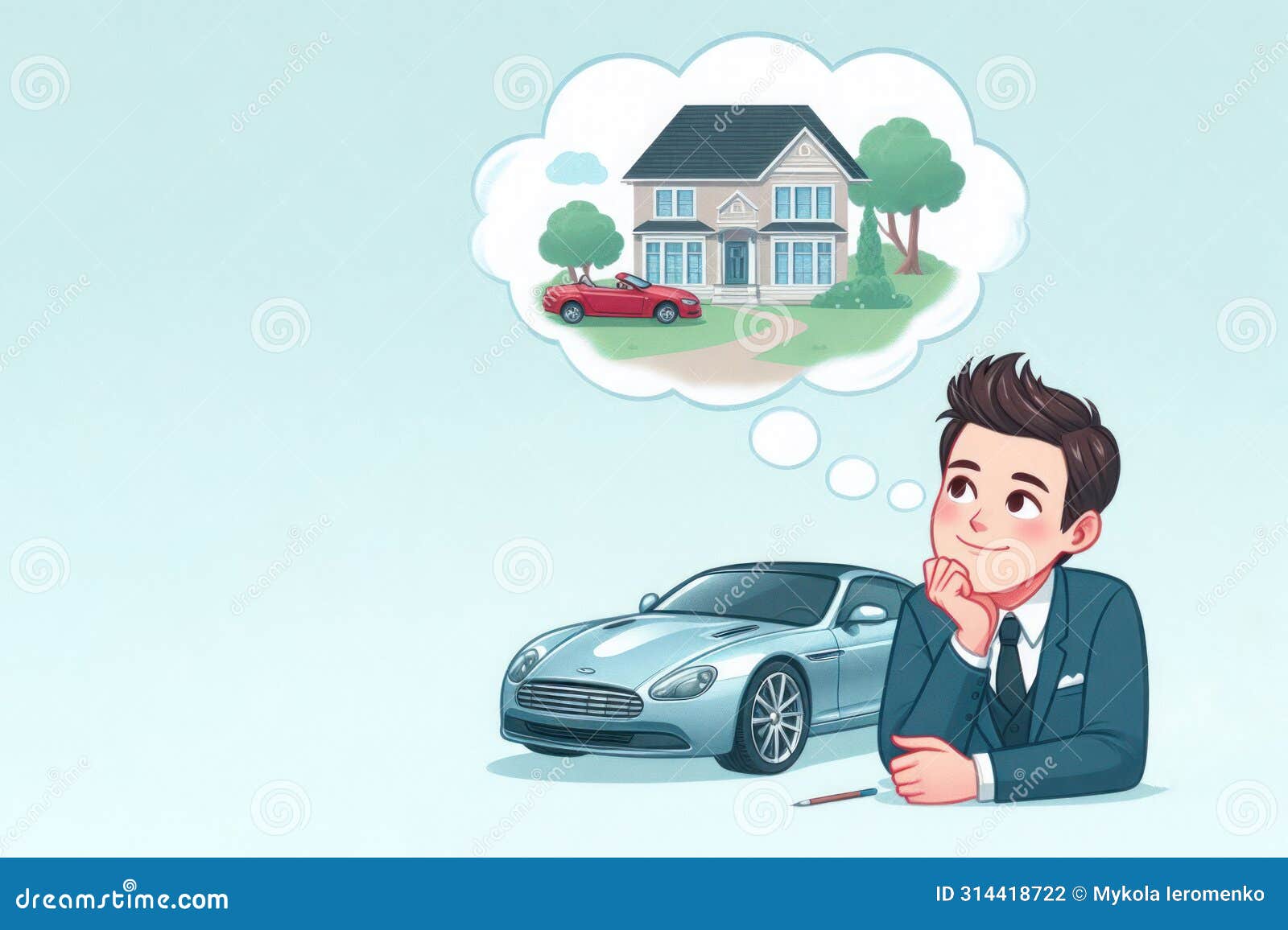 A Man Thinking about a House and a Car. Space for Text. Stock ...