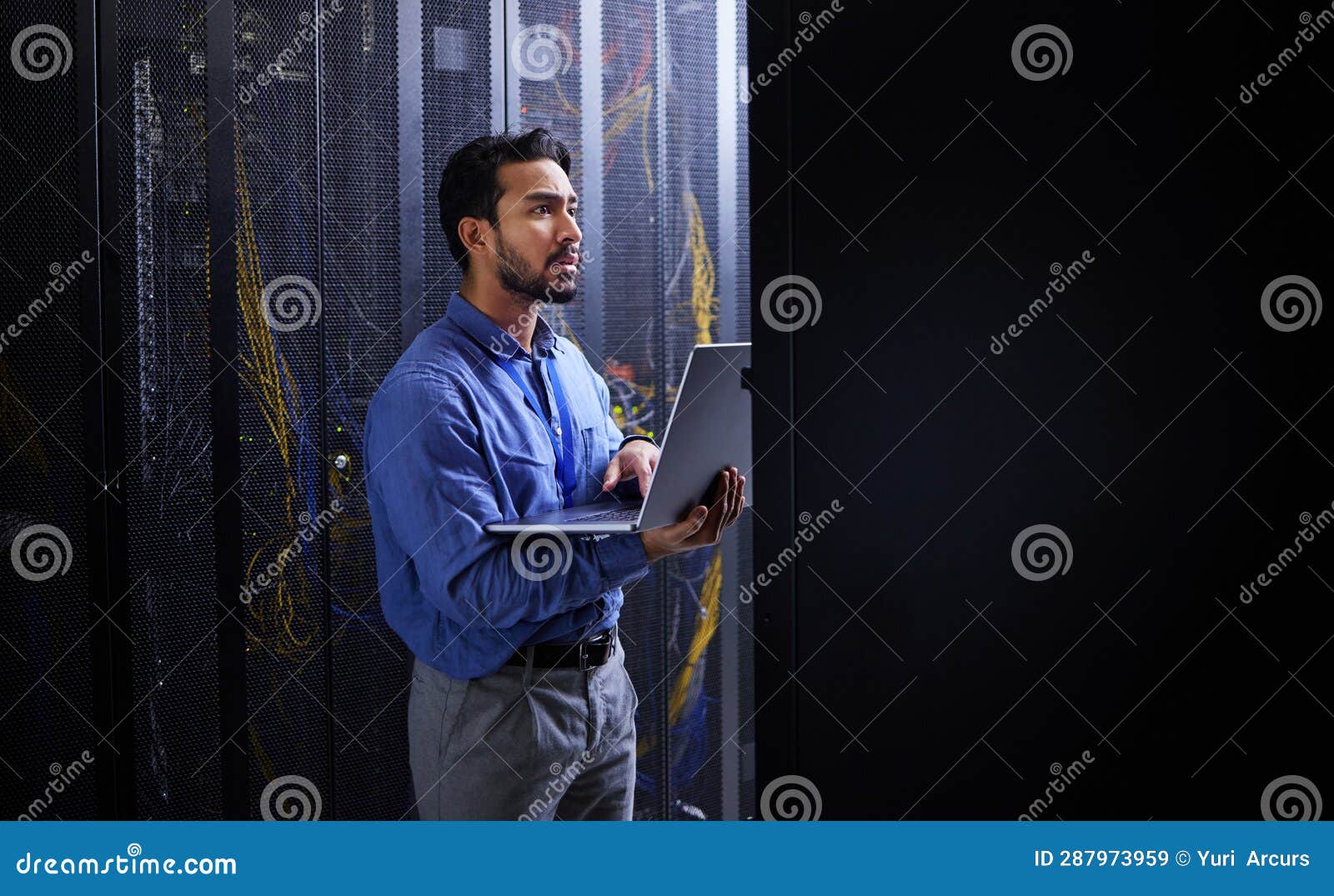 Man Thinking And Laptop For Server Room Inspection Data Center Solution And Coding