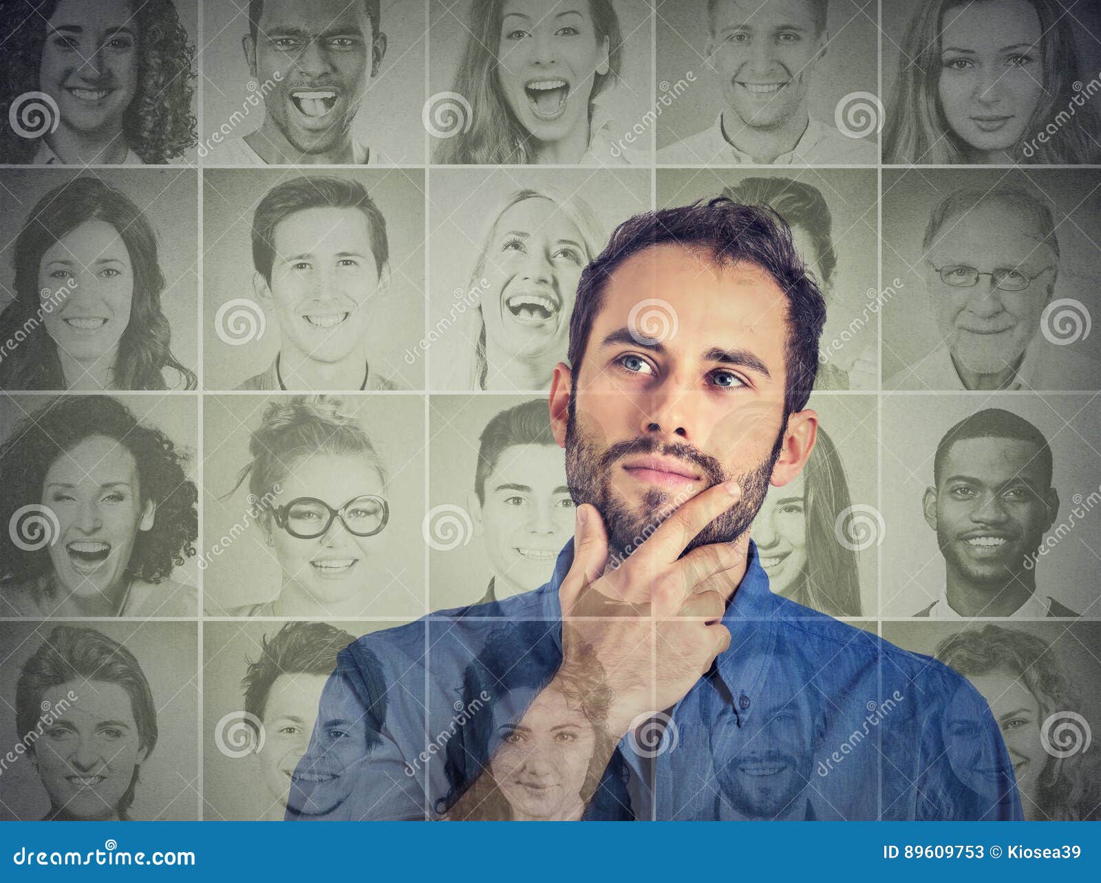 Man Thinking Looking Up at Group of Multicultural Happy People Stock ... Man Thinking Looking Up at Group of Multicultural Happy People Stock ...