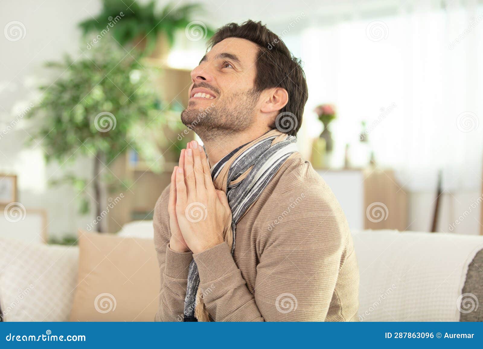 Man Thinking and Praying at Home Stock Photo - Image of isolated ...