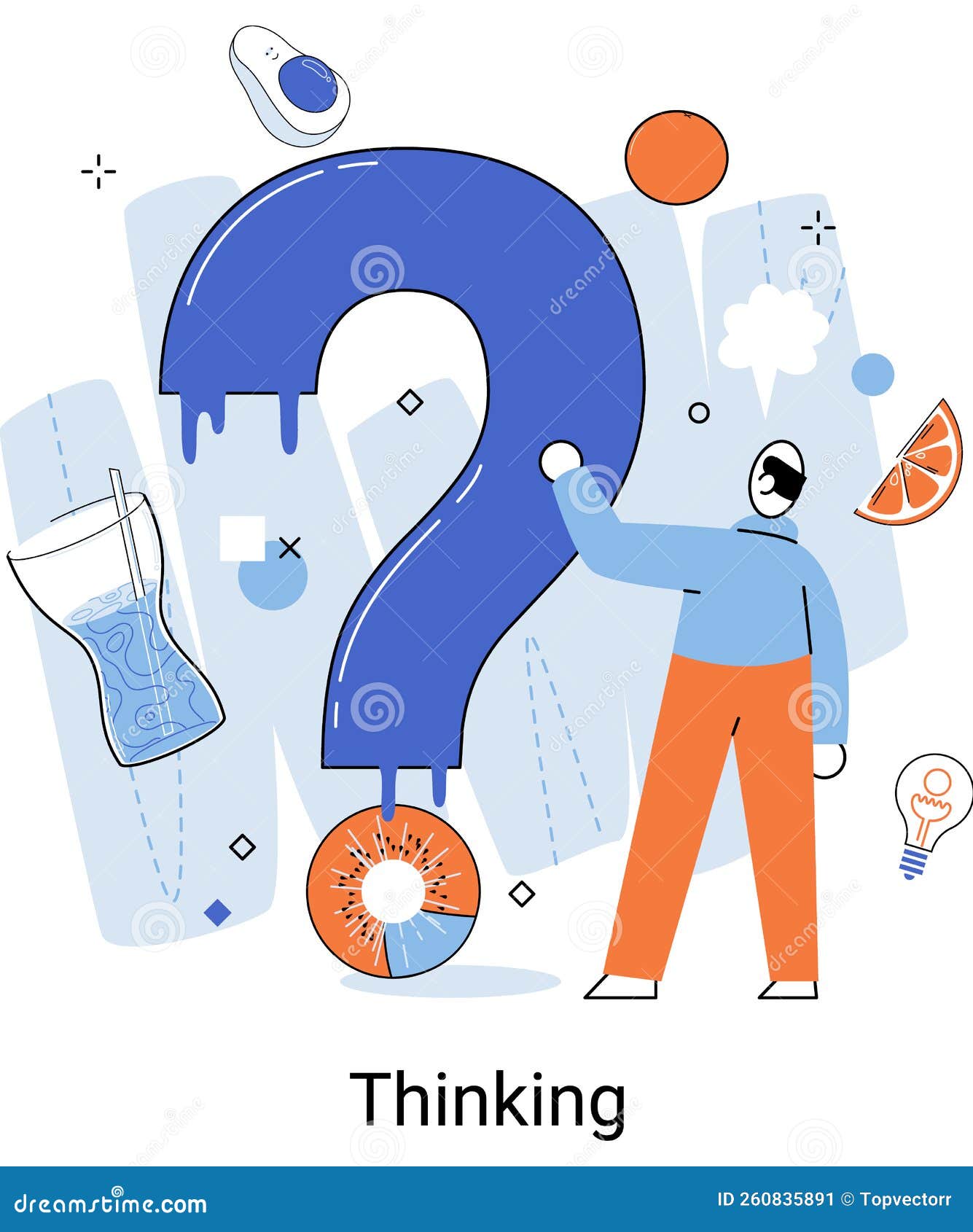 Man Thinking with Question Mark and Fruits Icons, Looking for an Answer ...