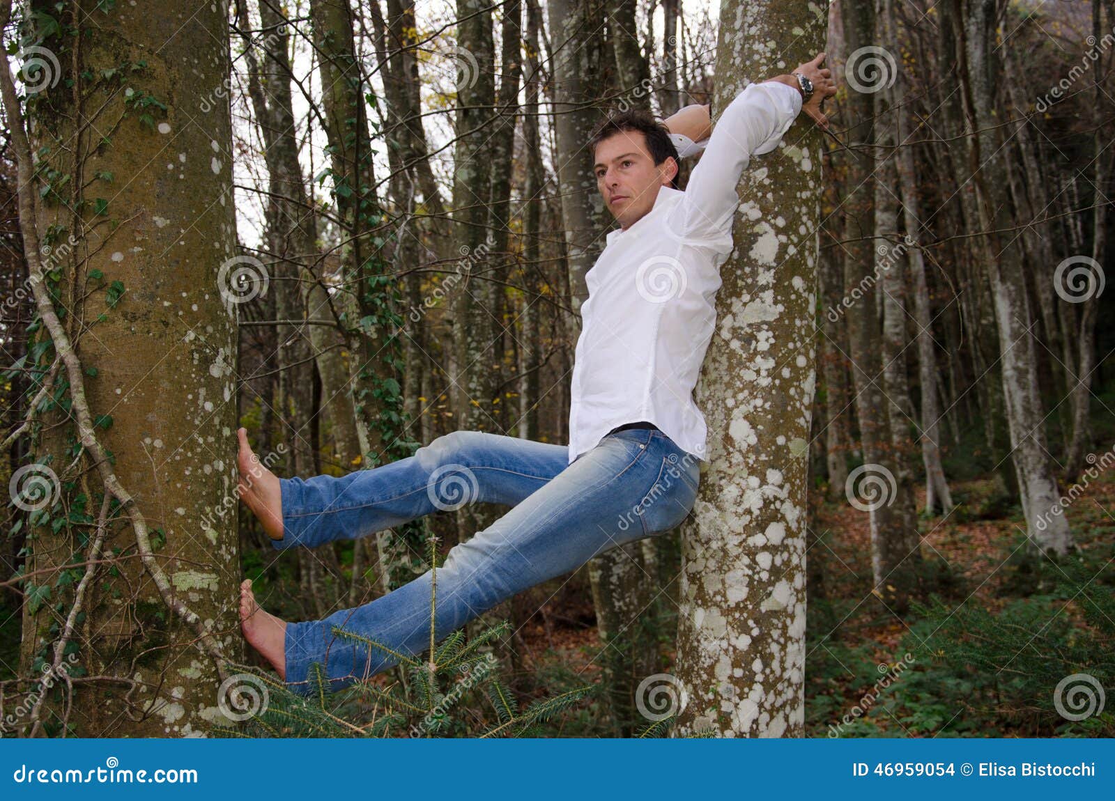 Man Thinking and Relaxing on Tree Stock Photo - Image of copy, facial ...