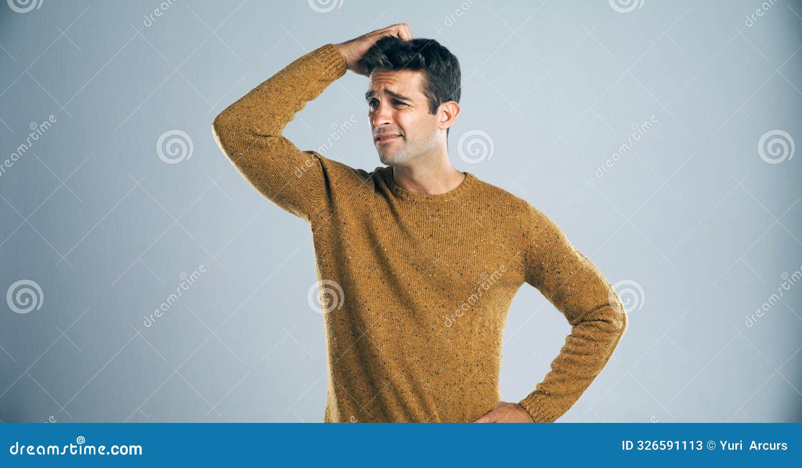 Man, Thinking and Scratch Head in Studio with Decision, Confused or ...