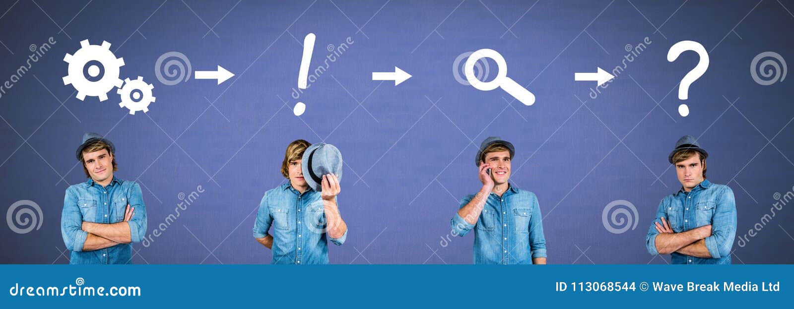 Man Thinking in Sequence with Ideas and Brainstorm Process Icons Stock ...