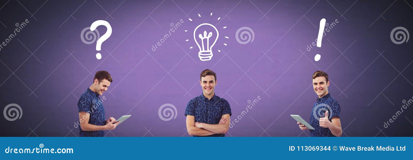 Man Thinking in Sequence with Ideas and Brainstorm Process Icons Stock ...