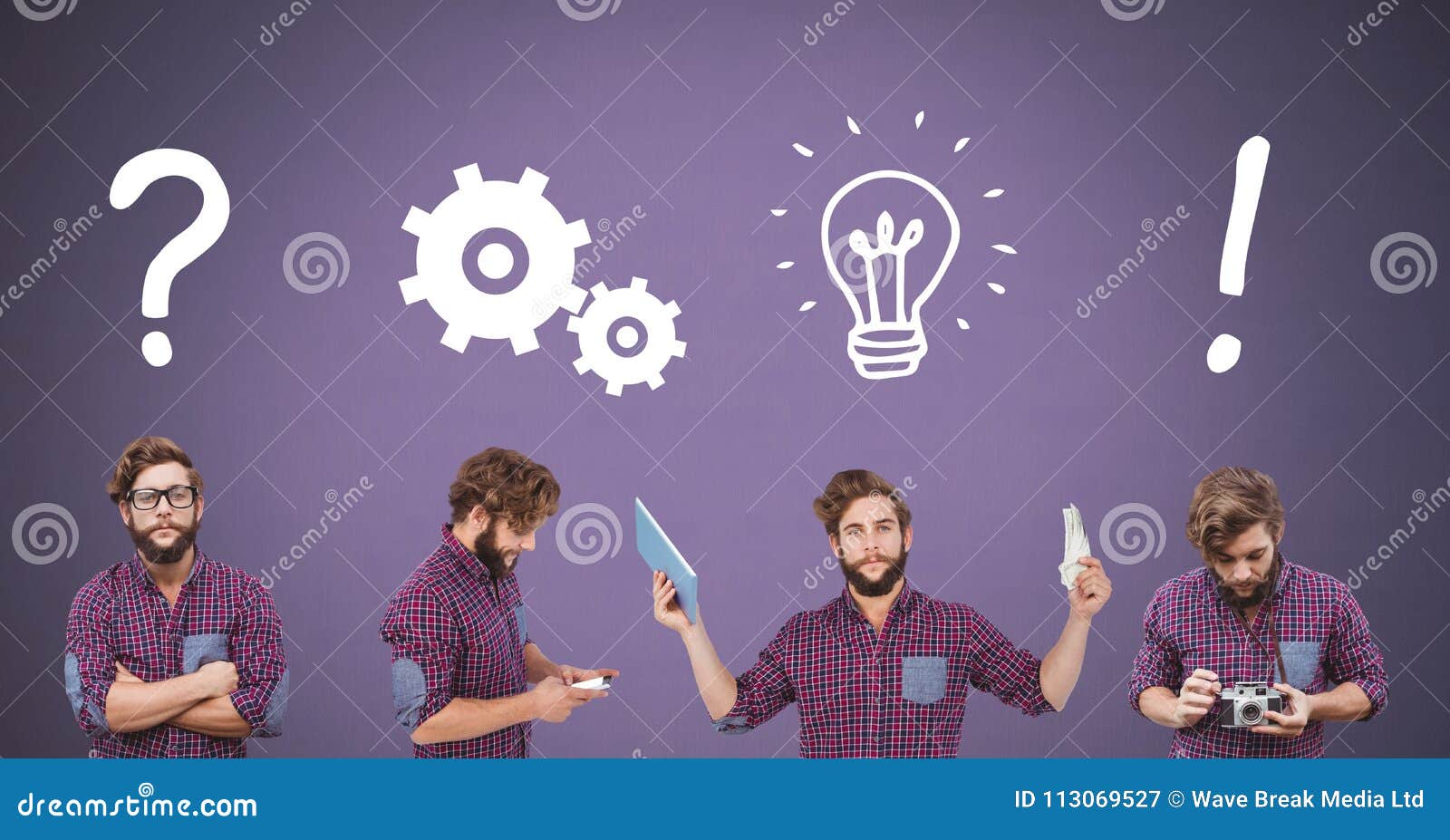 Man Thinking in Sequence with Ideas and Brainstorm Process Icons Stock ...