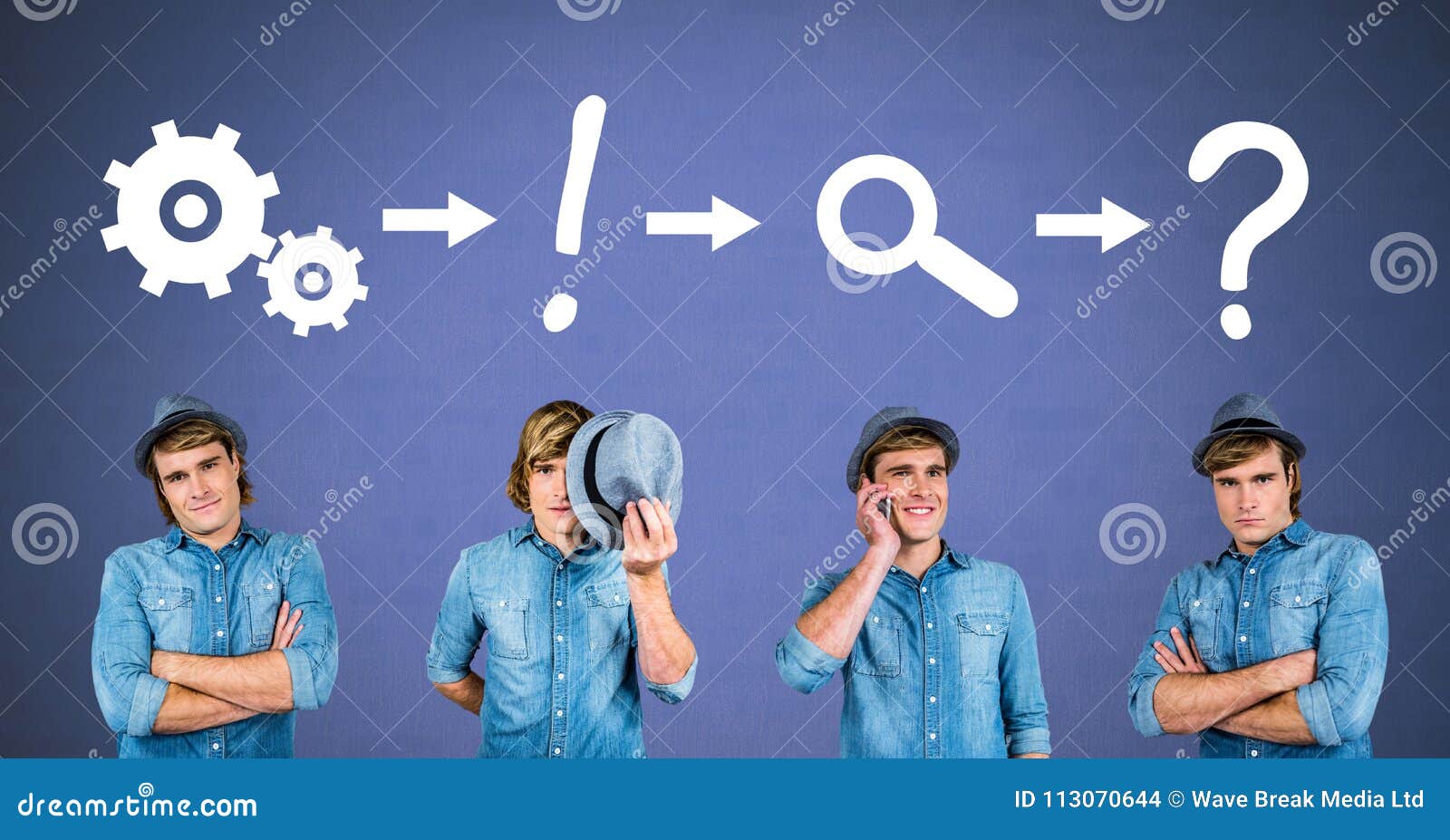 Man Thinking in Sequence with Ideas and Brainstorm Process Icons Stock ...