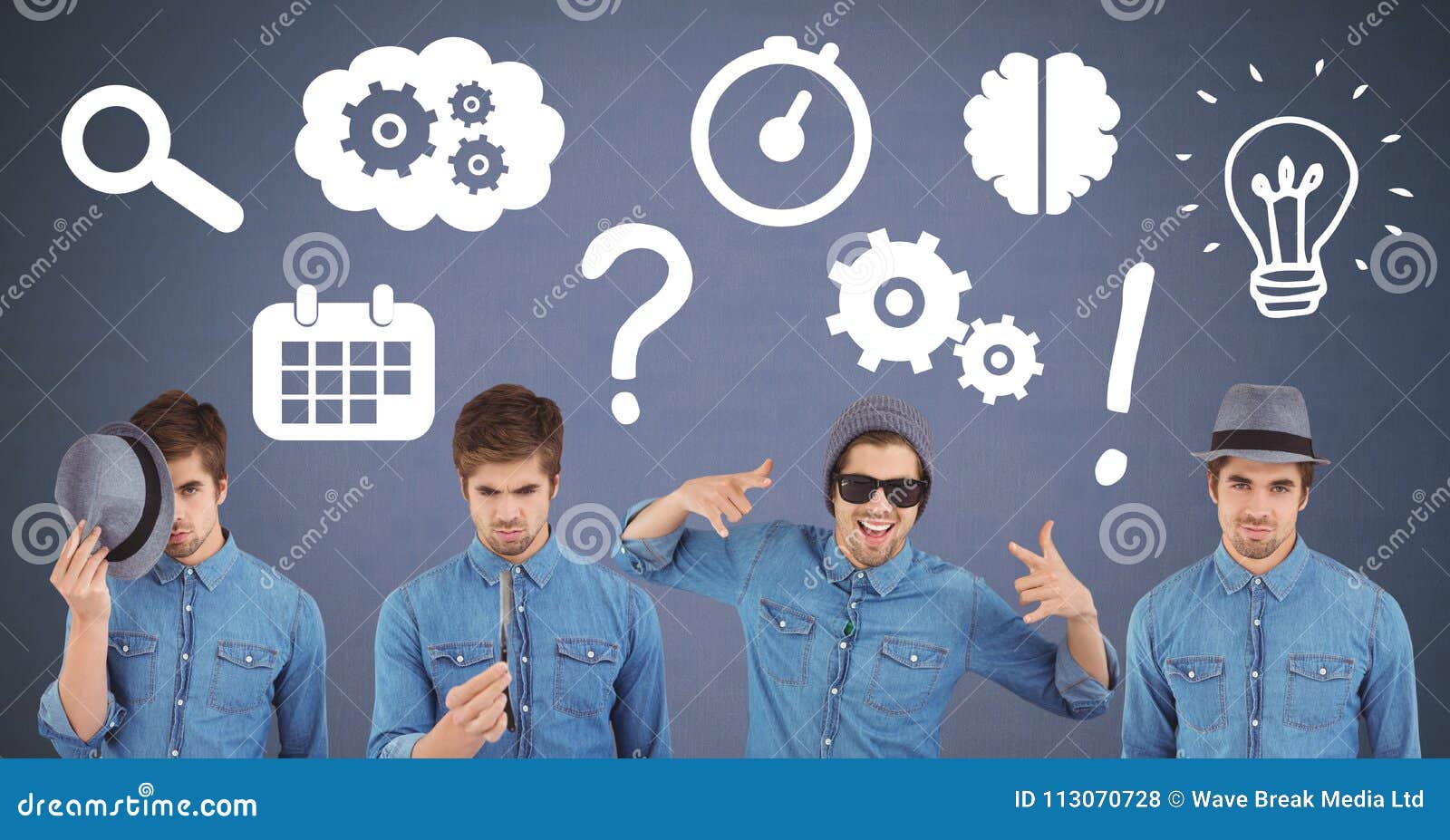 Man Thinking in Sequence with Ideas and Brainstorm Process Icons Stock ...