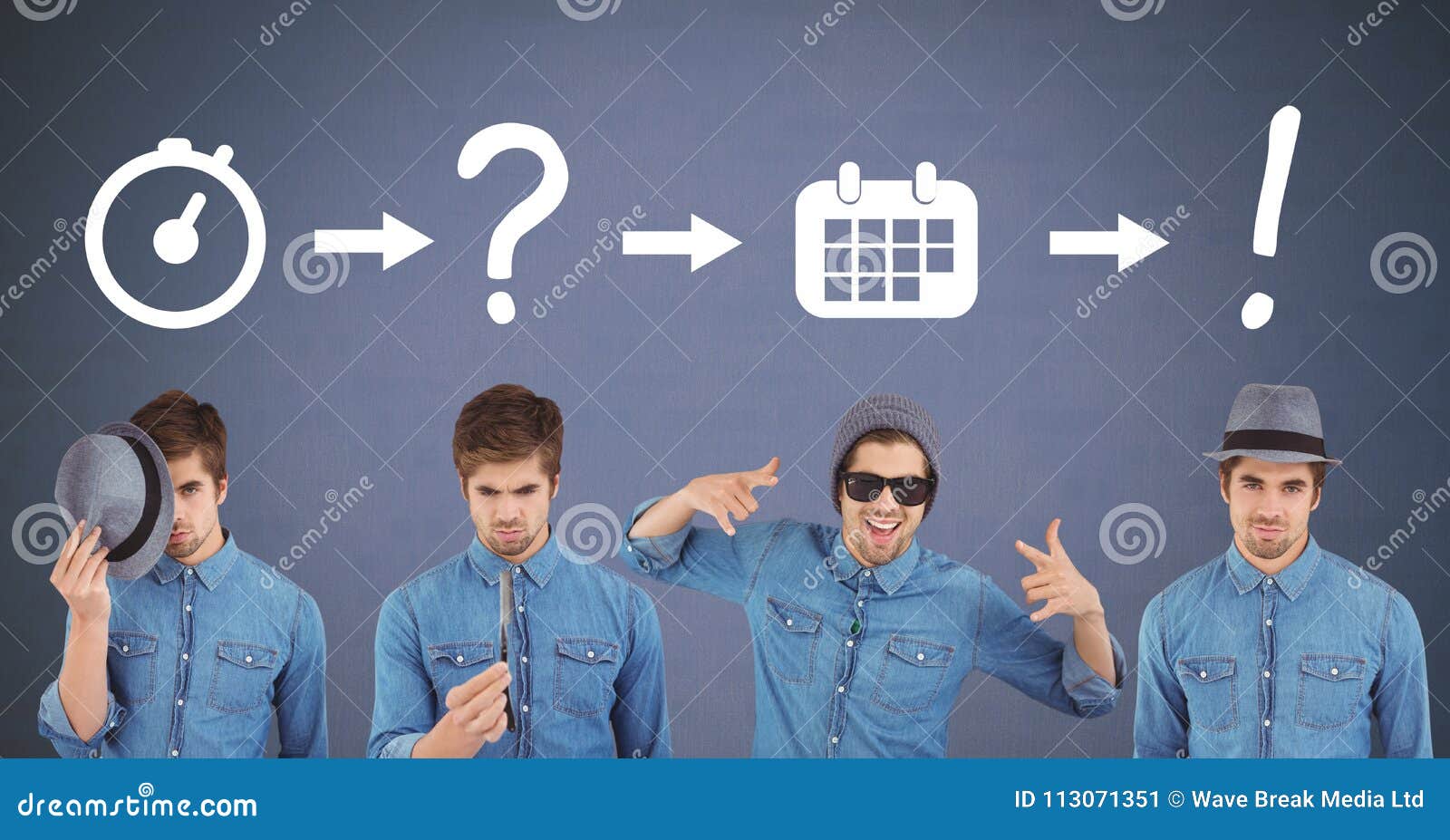 Man Thinking in Sequence with Ideas and Brainstorm Process Icons Stock ...