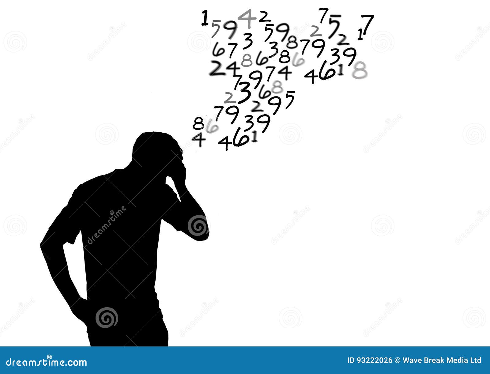 Man Thinking Silhouette with Numbers Coming Up from His Head. White ...