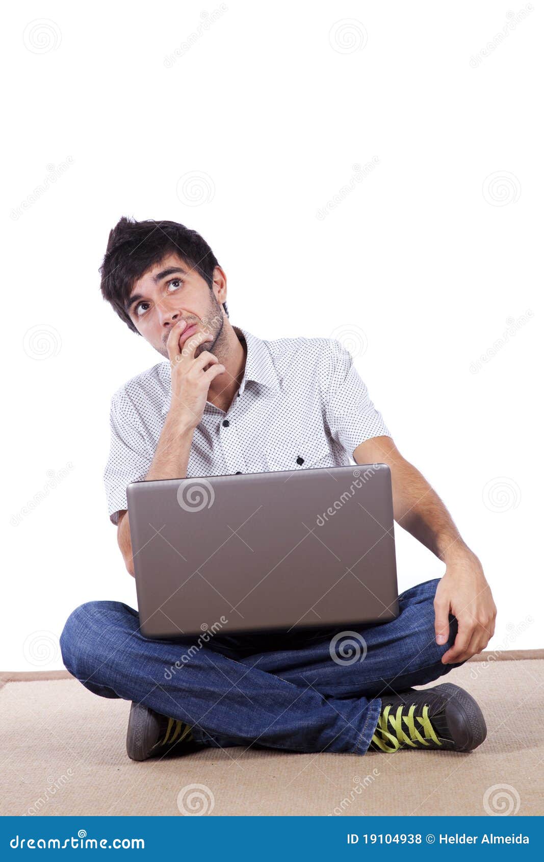 Man Thinking Sitted on the Floor Stock Photo - Image of internet ...