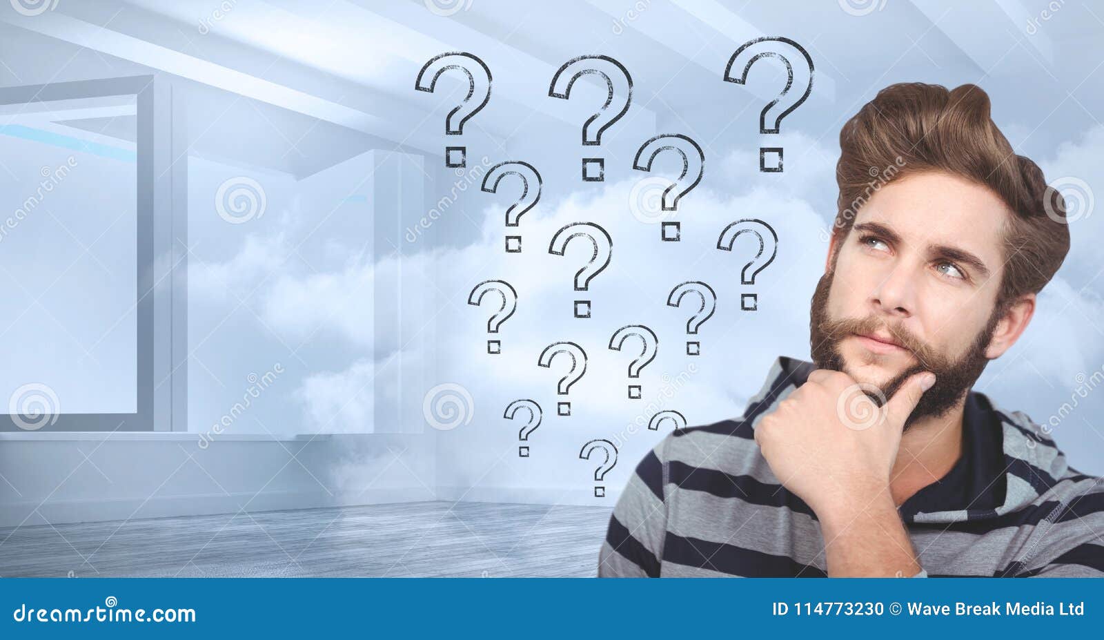Man Thinking with Stencil Question Marks Stock Photo - Image of ...