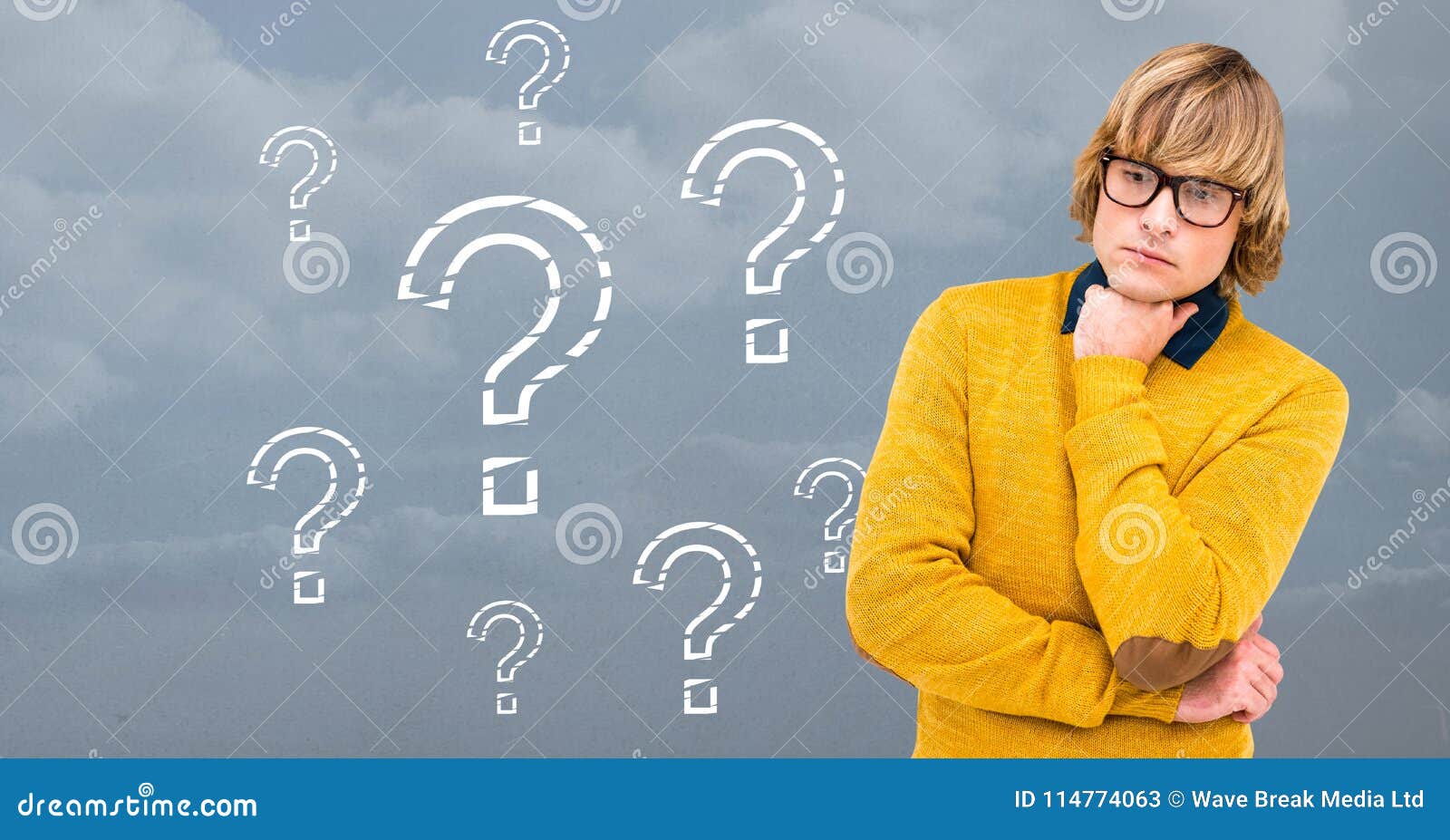 Man Thinking with Stencil Question Marks Stock Image - Image of graphic ...