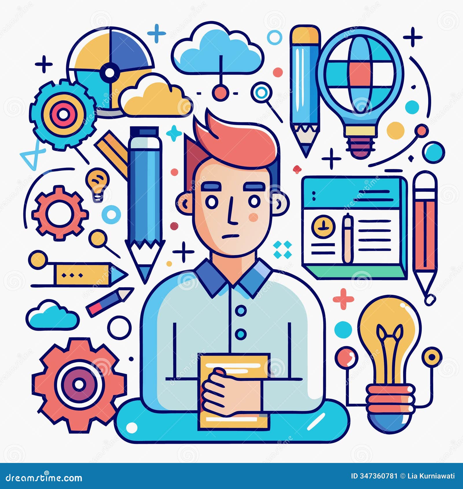 Man Thinking, Surrounded by Ideas and Tools for Creativity, Innovation ...