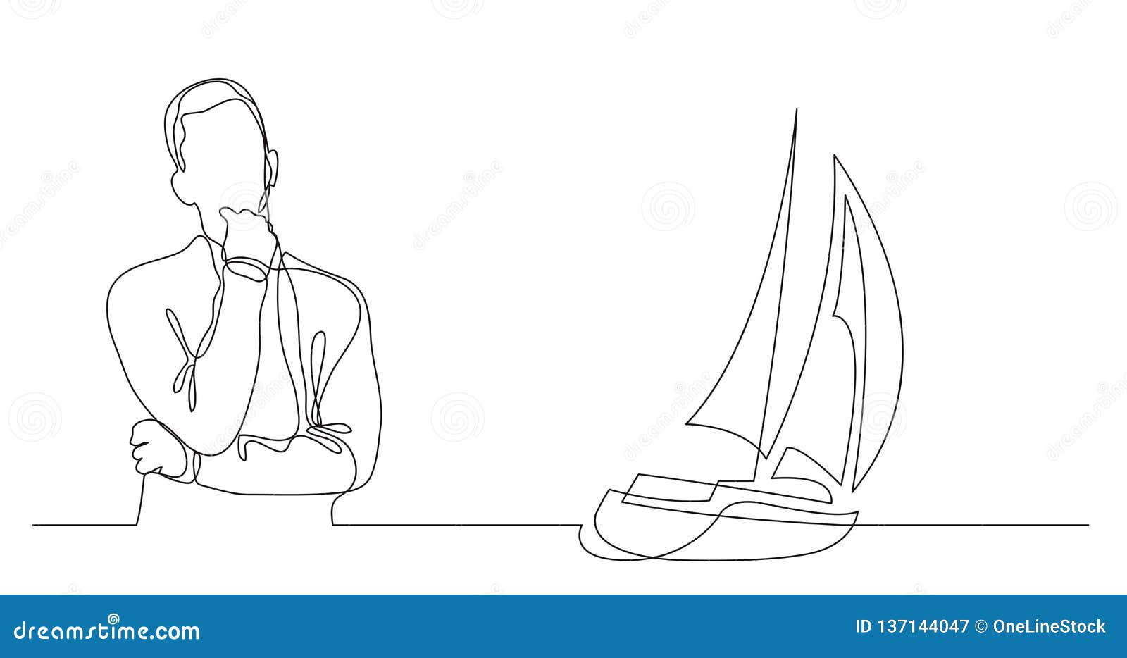 Man Thinking about Vacation on Sailing Boat - Continuous Line Drawing ...