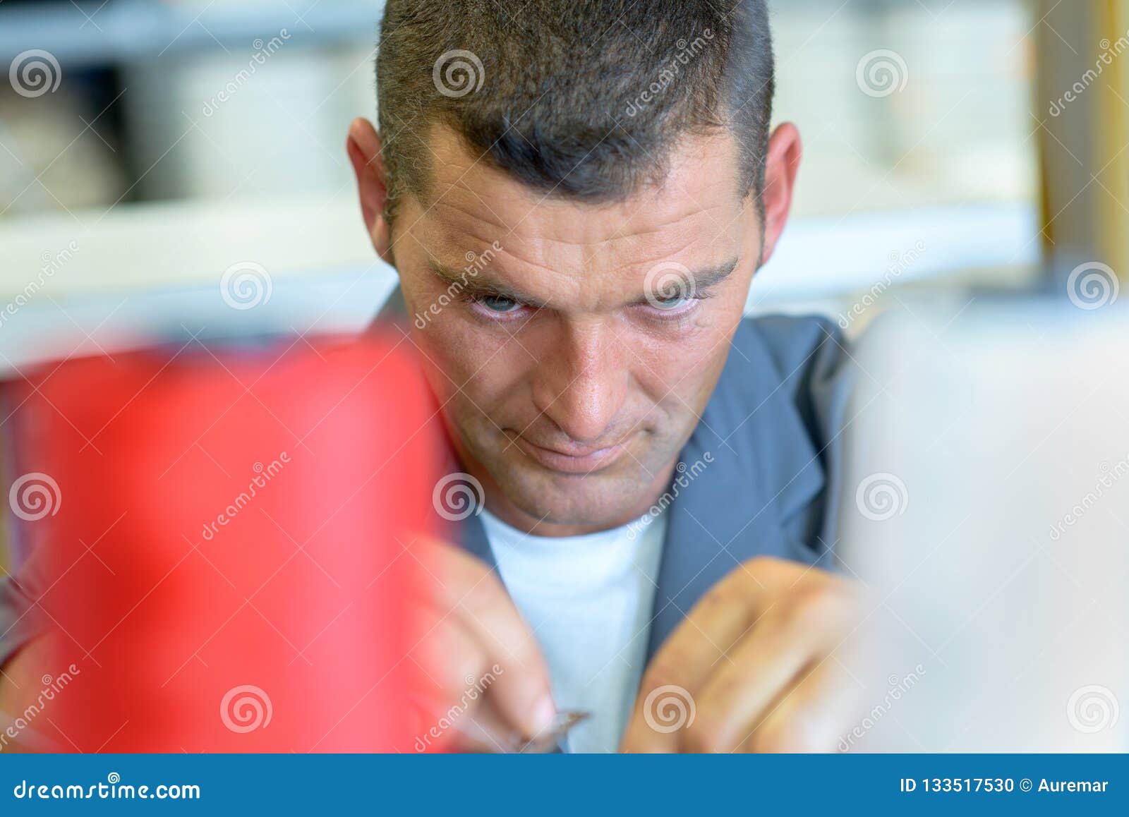 Man Threading Cotton on To Sewing Machine Stock Photo - Image of ...