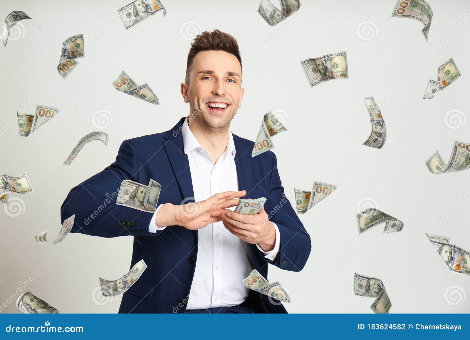 Man Throwing American Dollars on Grey Background Stock Photo - Image of ...