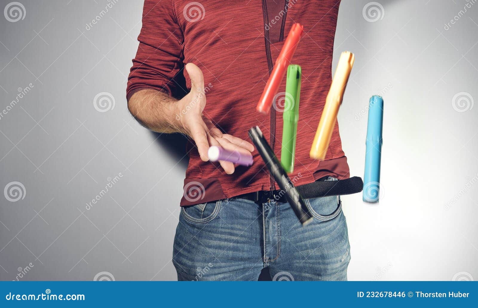 Man Throwing Coloured Pens with Hands Stock Photo - Image of holding ...