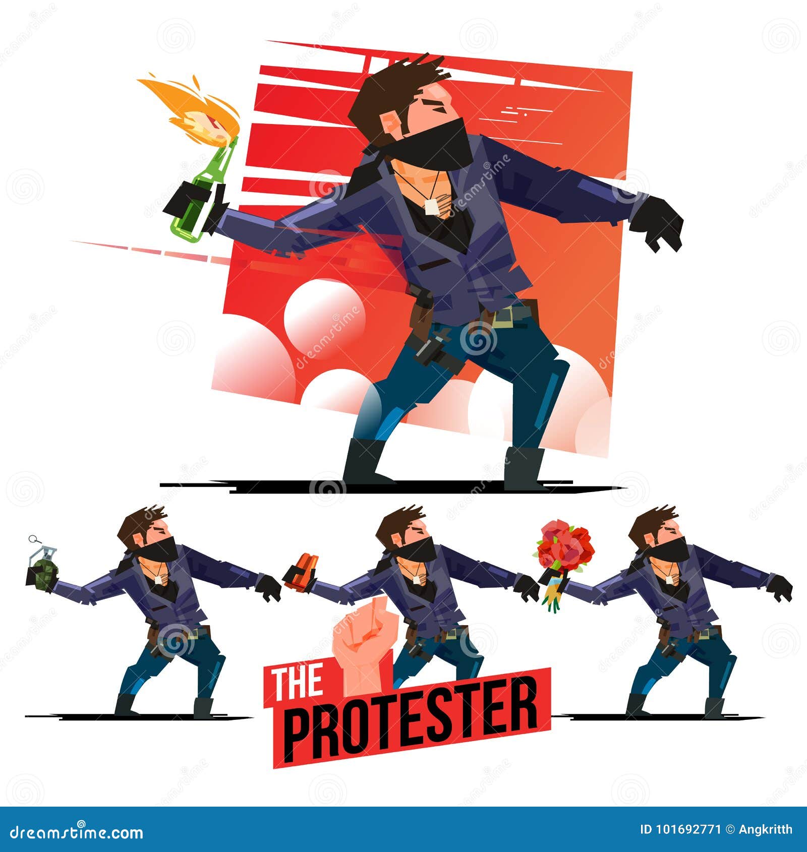 Man Throwing Fire Molotov Cocktail, Bomb, Brick Stone and Flower Stock ...