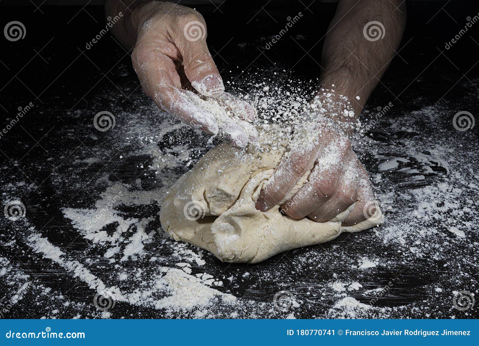 Man Throwing Flour on Top of a Kneaded Dough Stock Image - Image of ...