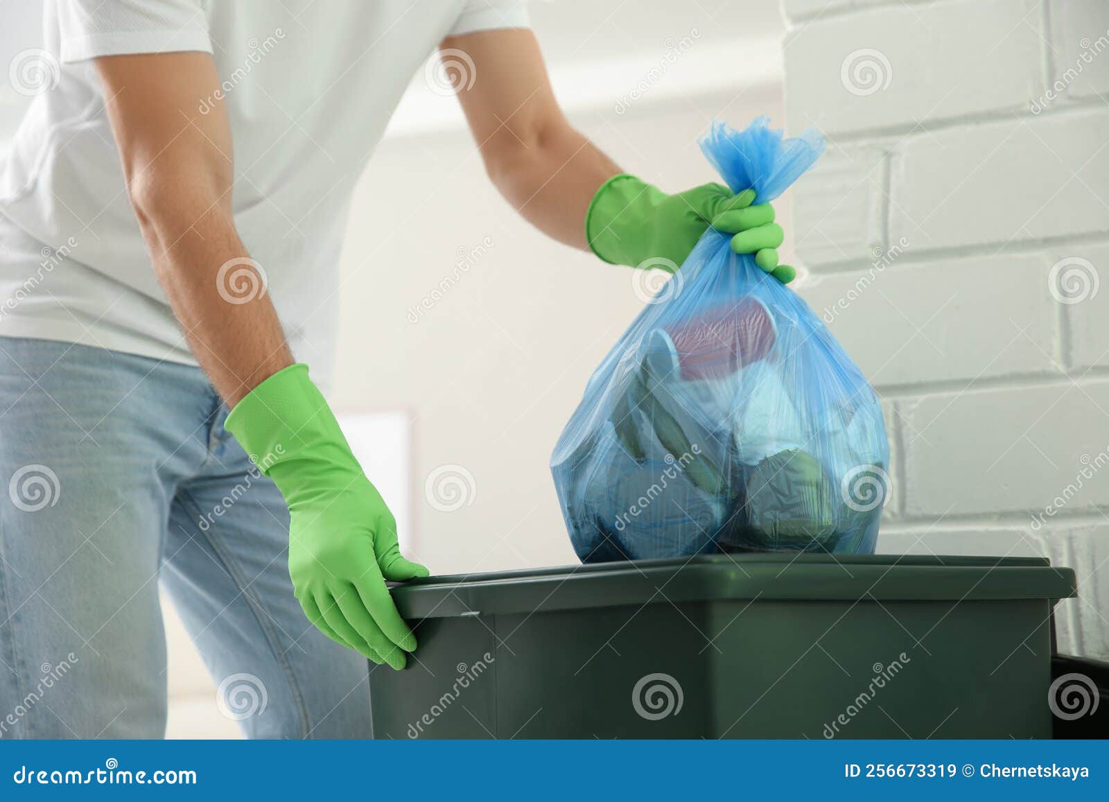 Man Throwing Garbage Bag into Bin at Home, Closeup Stock Image - Image ...