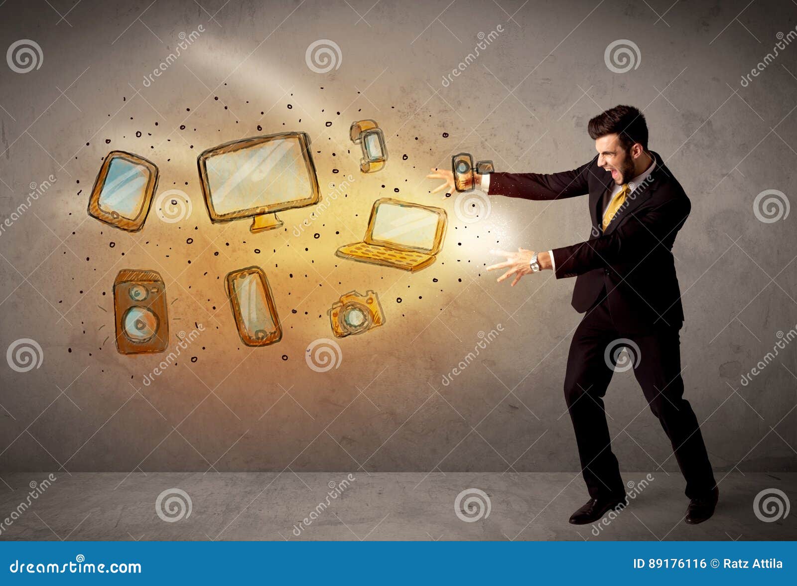 Man Throwing Hand Drawn Electronical Devices Stock Photo - Image of ...