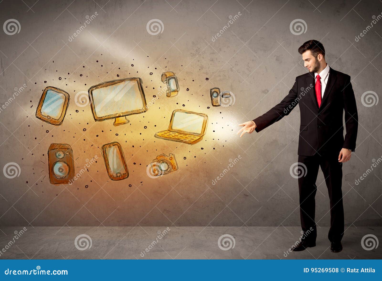 Man Throwing Hand Drawn Electronical Devices Stock Photo - Image of ...