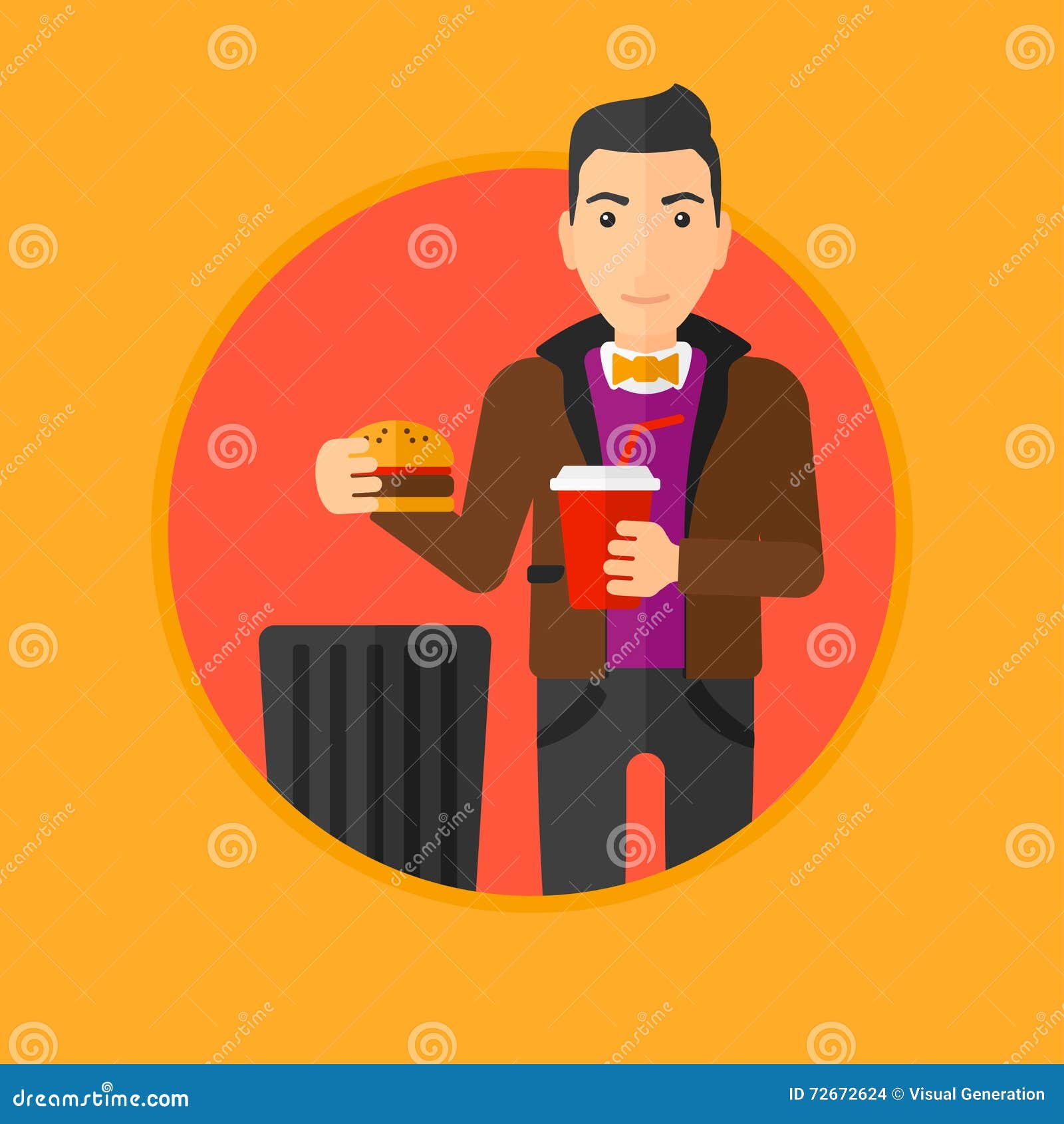 Man Throwing Out Junk Food Into The Trash Can. Vector Illustration ...