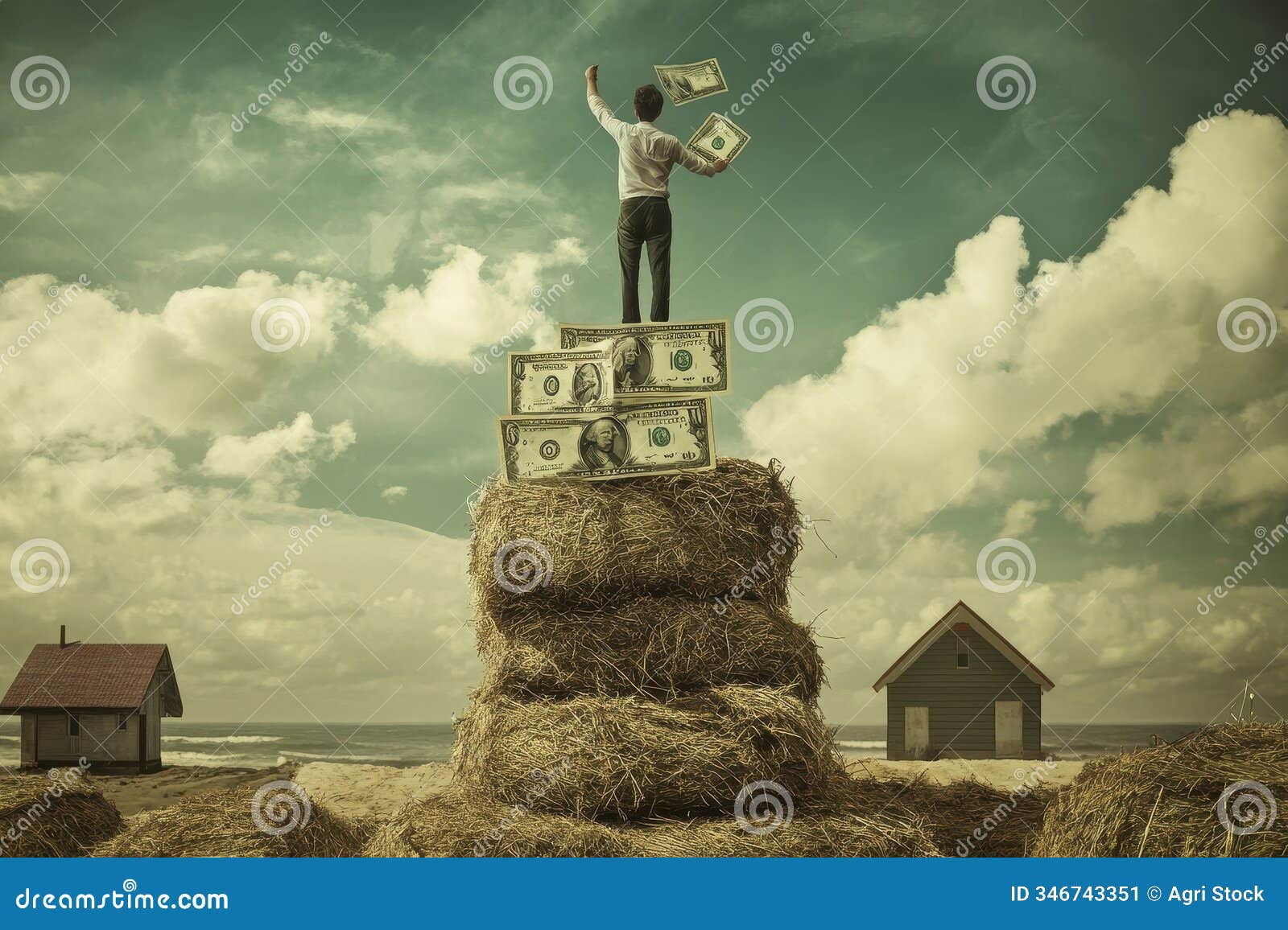 Man Throwing Money on a Hay Bale Stack by the Sea Stock Illustration ...