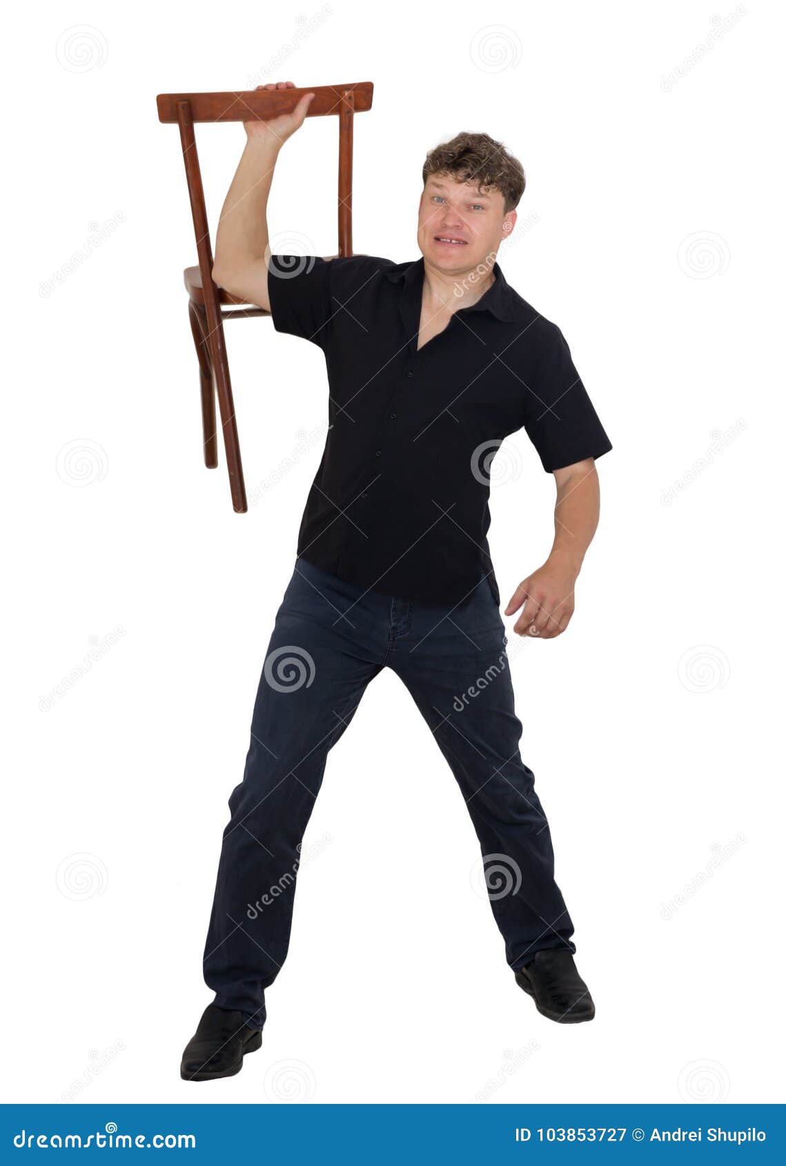 Man Throws a Chair on a White Background Stock Image - Image of ...