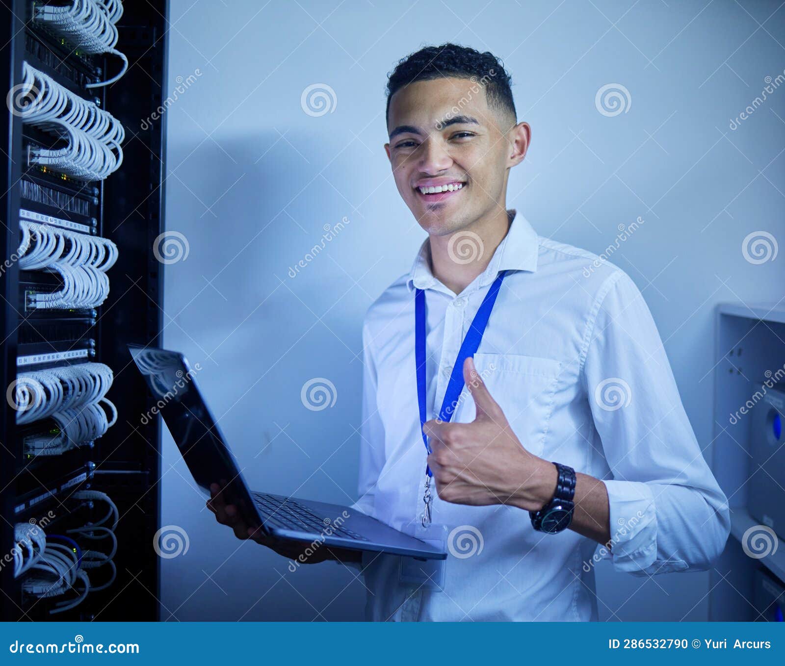 Man, Thumbs Up and Server Room on Computer in Cybersecurity, it Cables ...