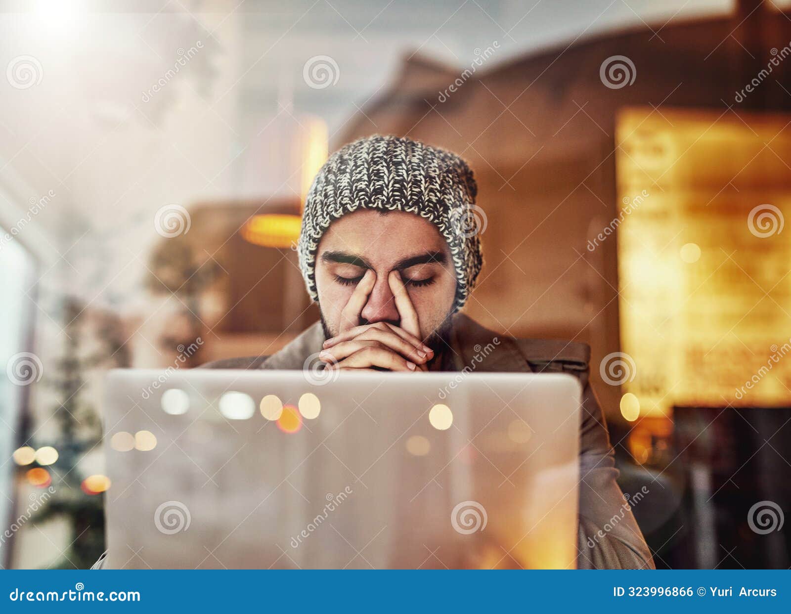 Man, Tired and Laptop in Cafe by Window with Studying, Headache and ...
