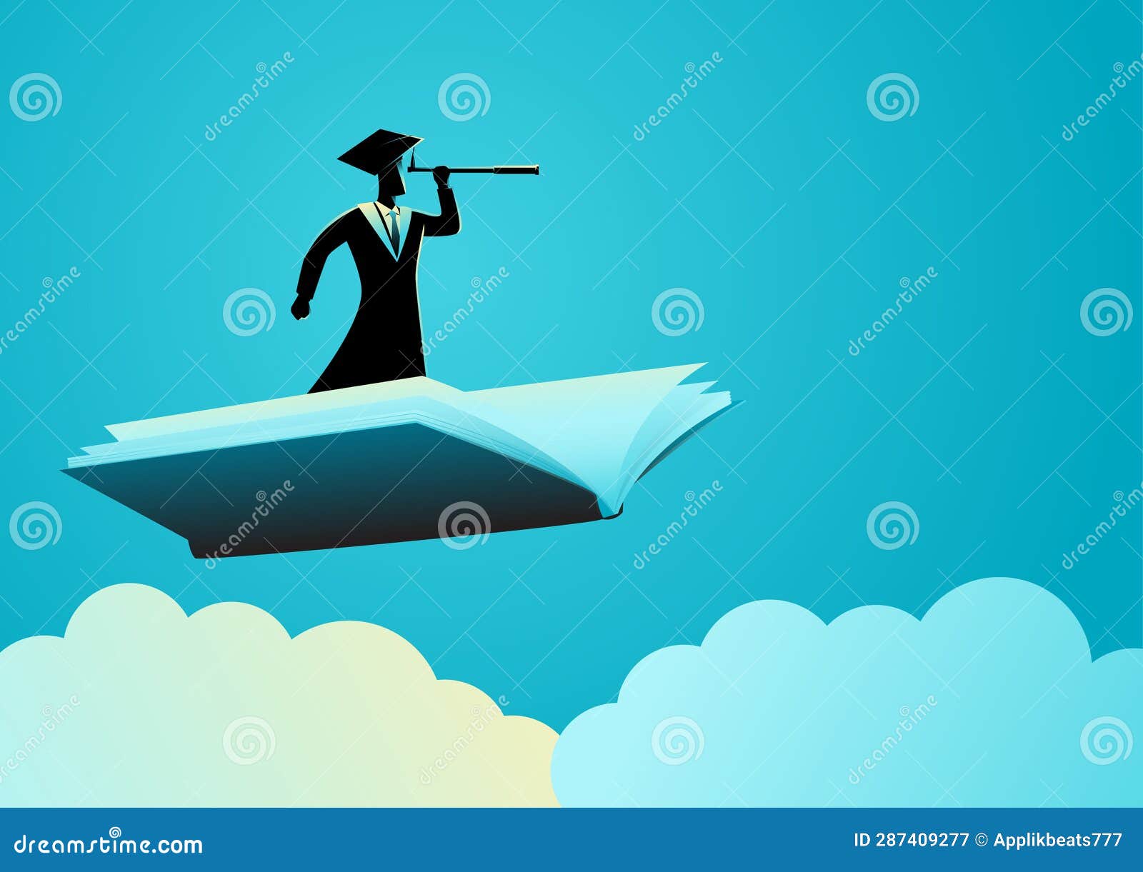 Man with Toga Using Telescope on Flying Book Stock Illustration ...