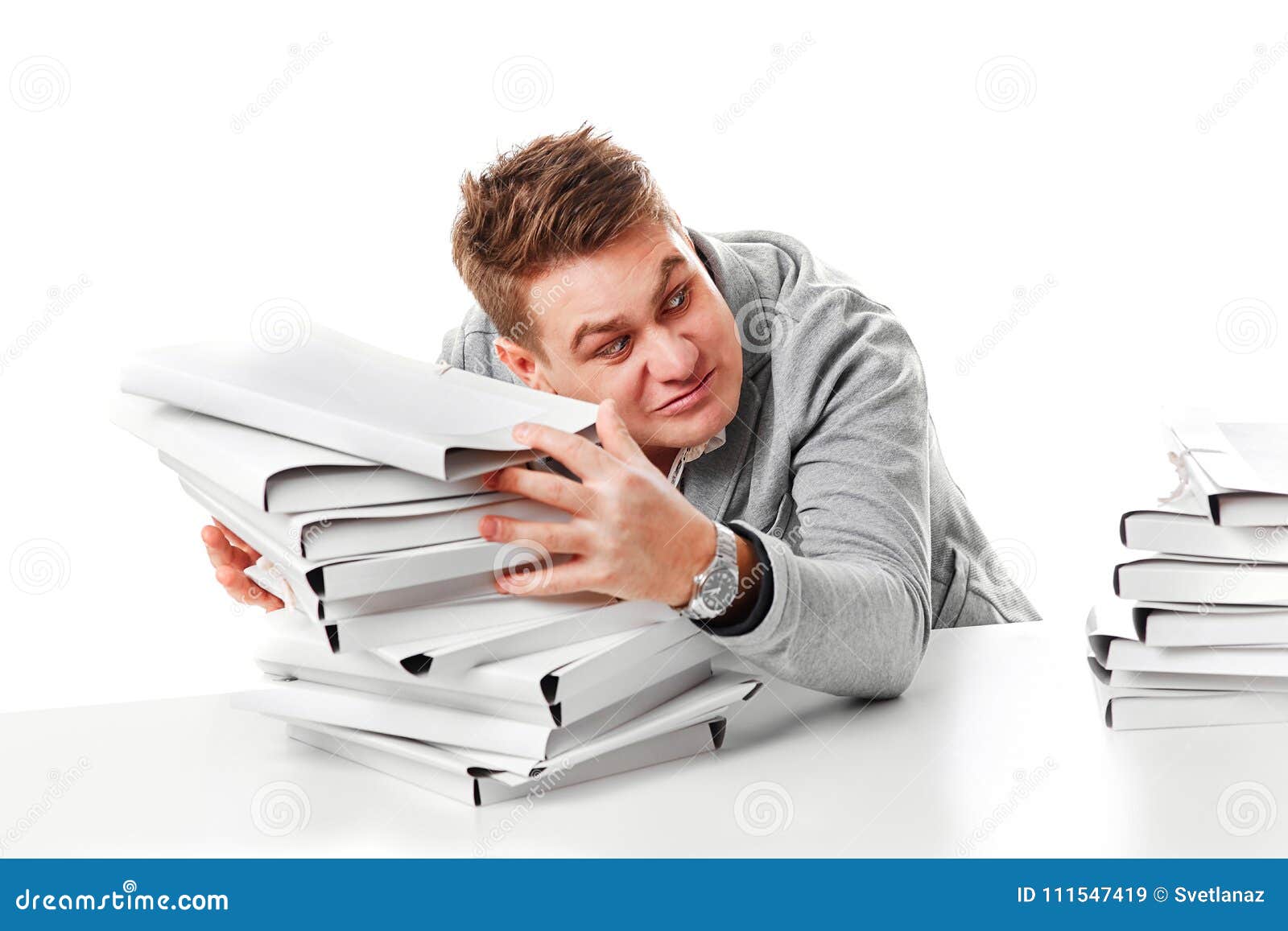 Man with Too Much Work To Do. on White Background Stock Image - Image ...