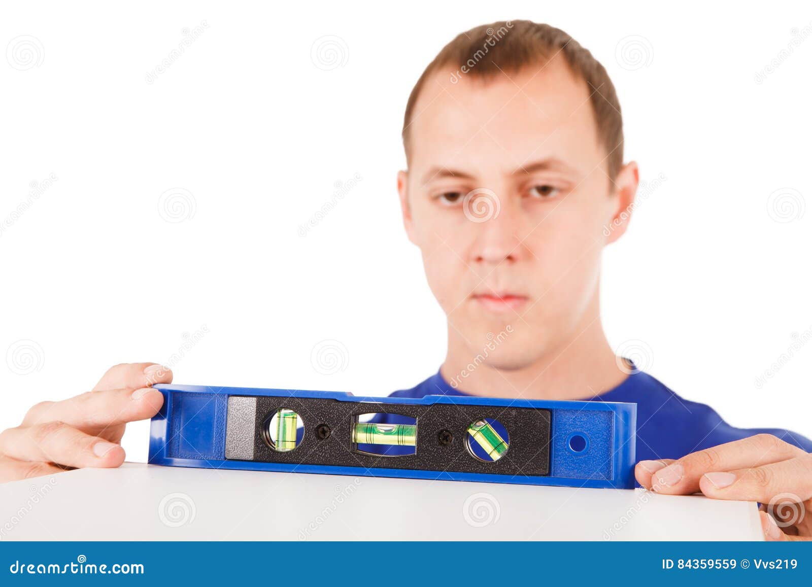 Man with Tool Level Isolated in White Background. Stock Image - Image ...