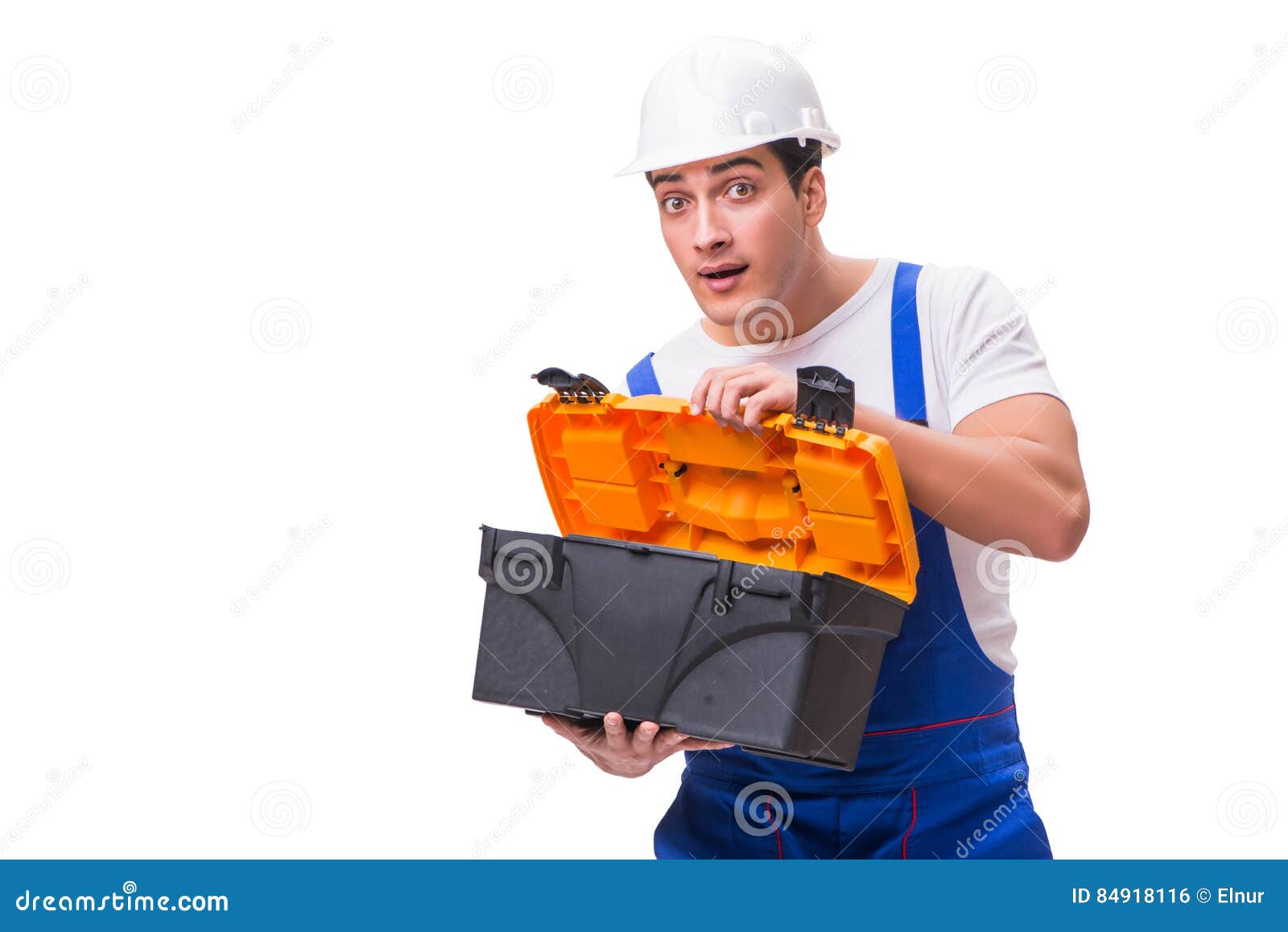 The Man with Toolbox Isolated on White Stock Photo - Image of scared ...