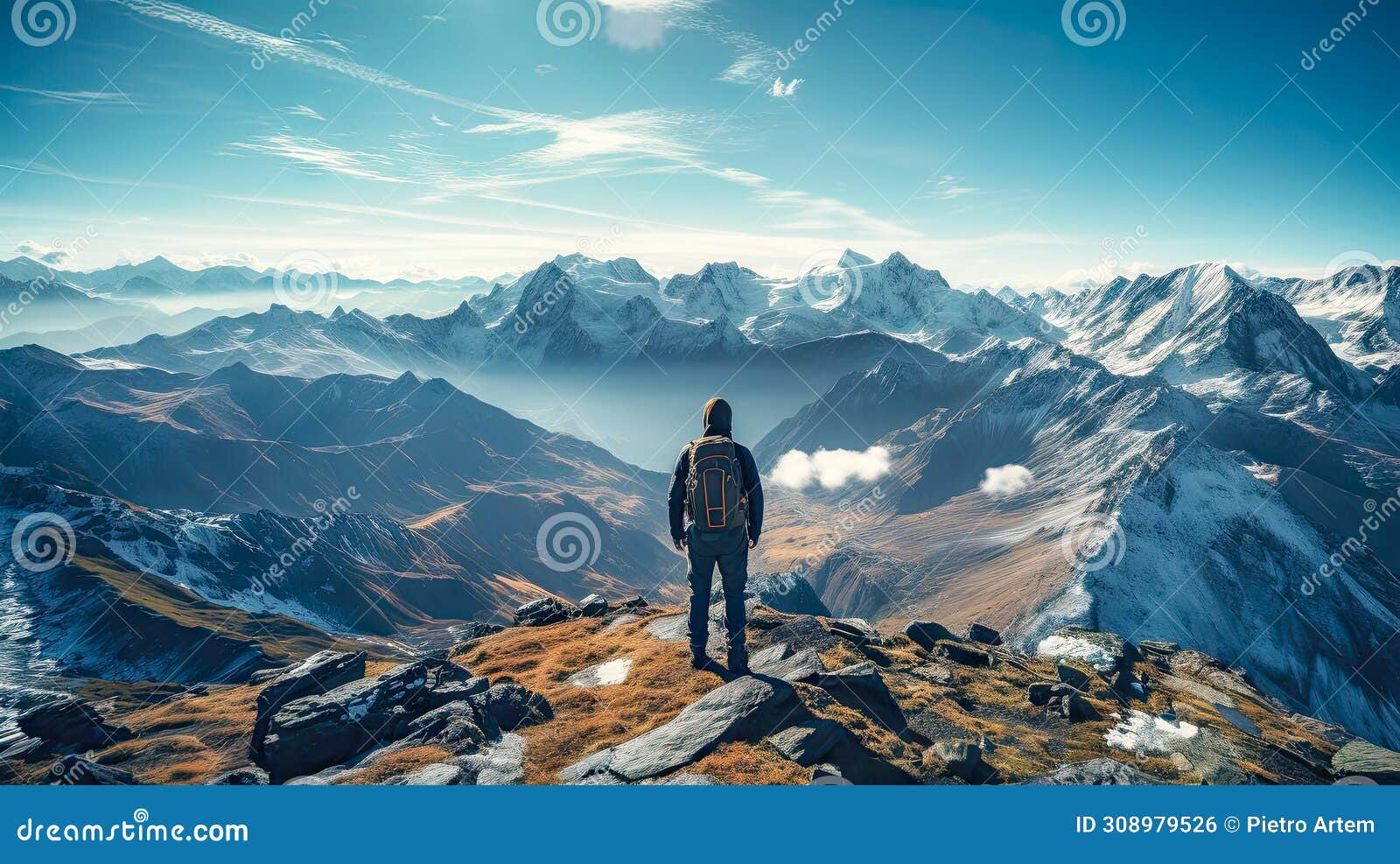 A Man on Top of the Highest Mountain Looking Down at the Ground Stock ...