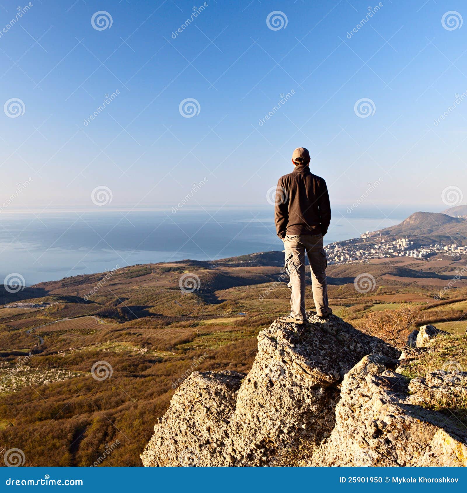 Man on the Top of the Mountain Stock Photo - Image of landscape, hand ...