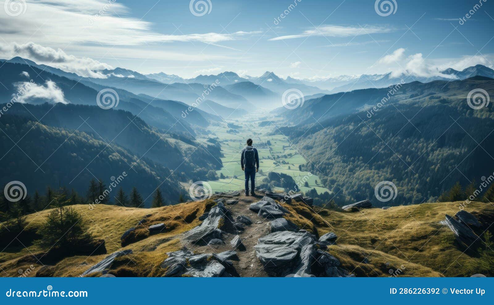 Man on the Top of the Mountain Back View. Generative AI. Stock ...