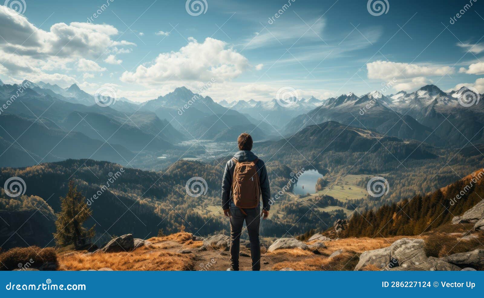 Man on the Top of the Mountain Back View. Generative AI. Stock Photo ...