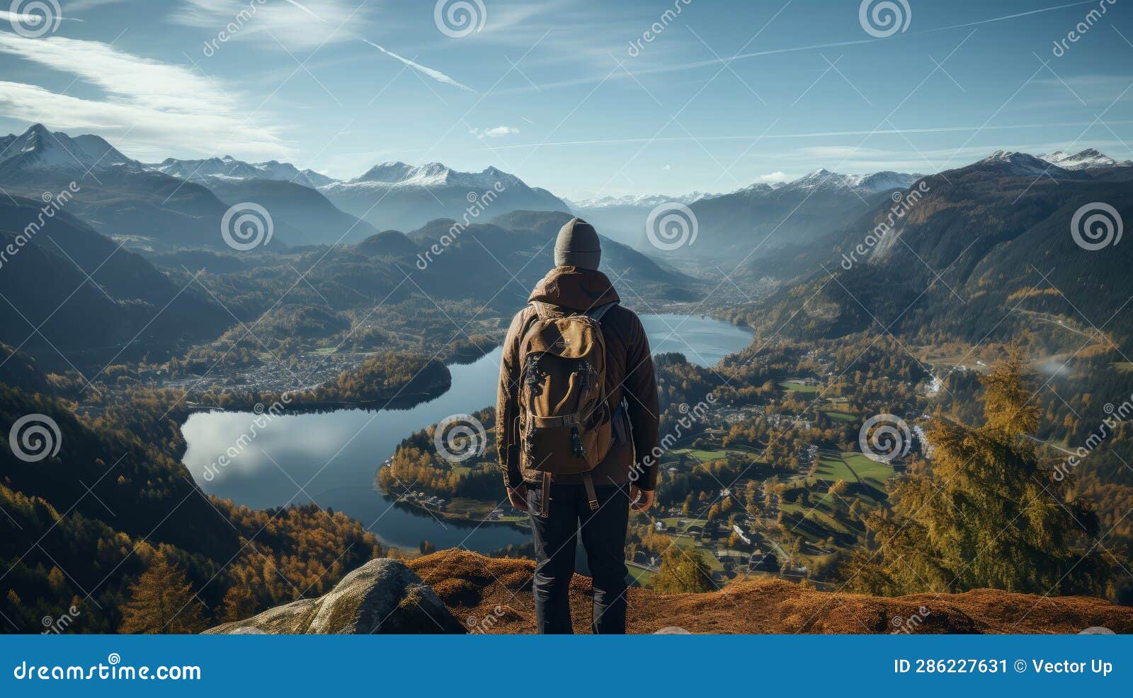 Man on the Top of the Mountain Back View. Generative AI. Stock Image ...