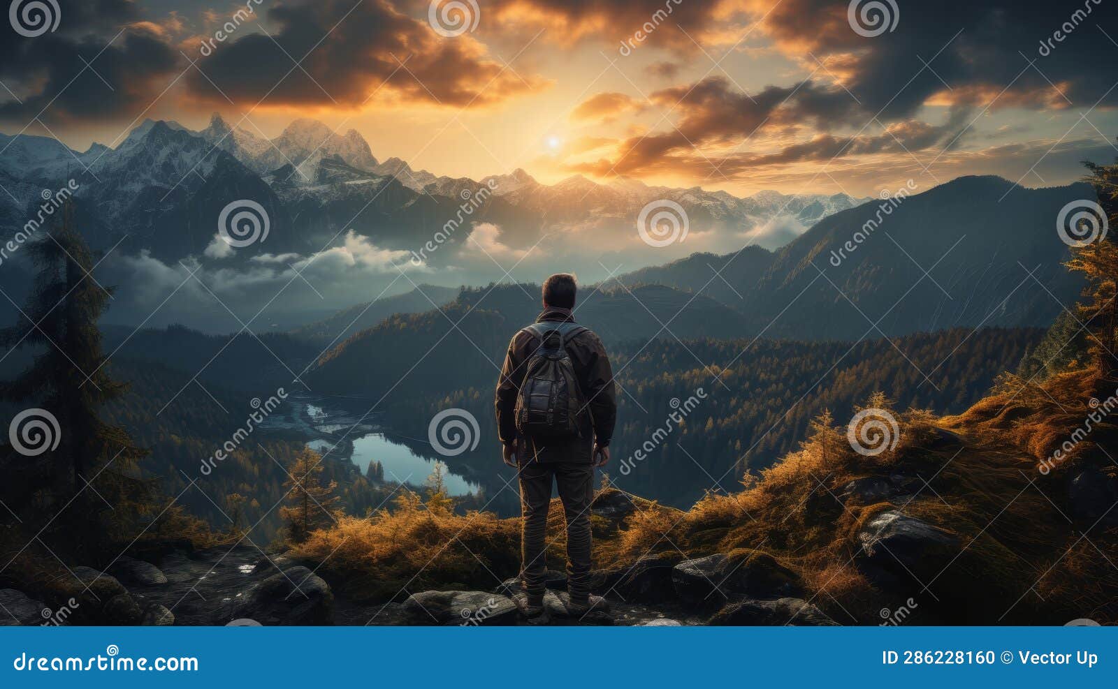 Man on the Top of the Mountain Back View. Generative AI. Stock Photo ...