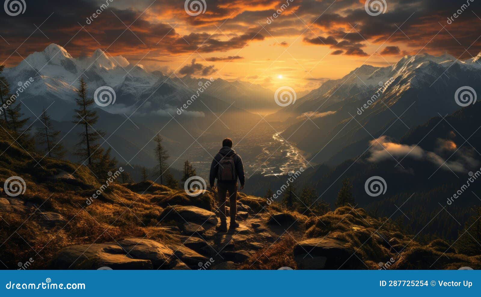 Man on the Top of the Mountain Back View. Generative AI. Stock Photo ...