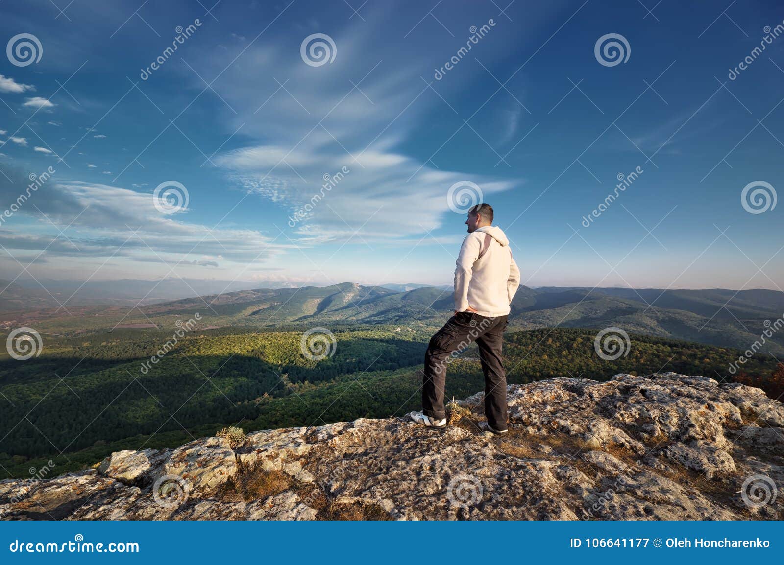 Man on top of mountain. stock image. Image of freedom - 106641177
